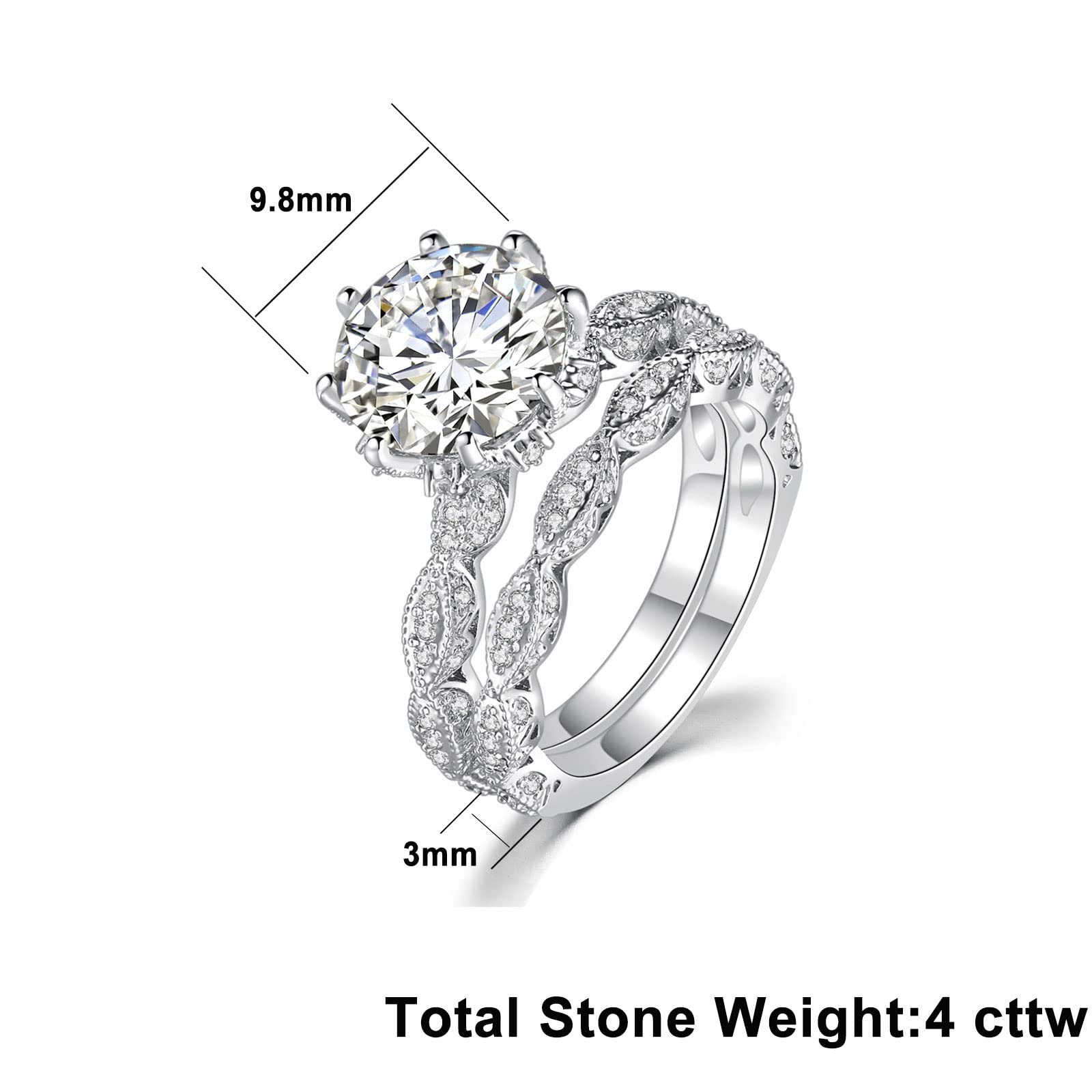 ZENBOTUNG 4CT 18K White Gold Wedding Band Bridal Rings Sets AAAAA Cz Solitaire Engagement Rings for Women Size 5