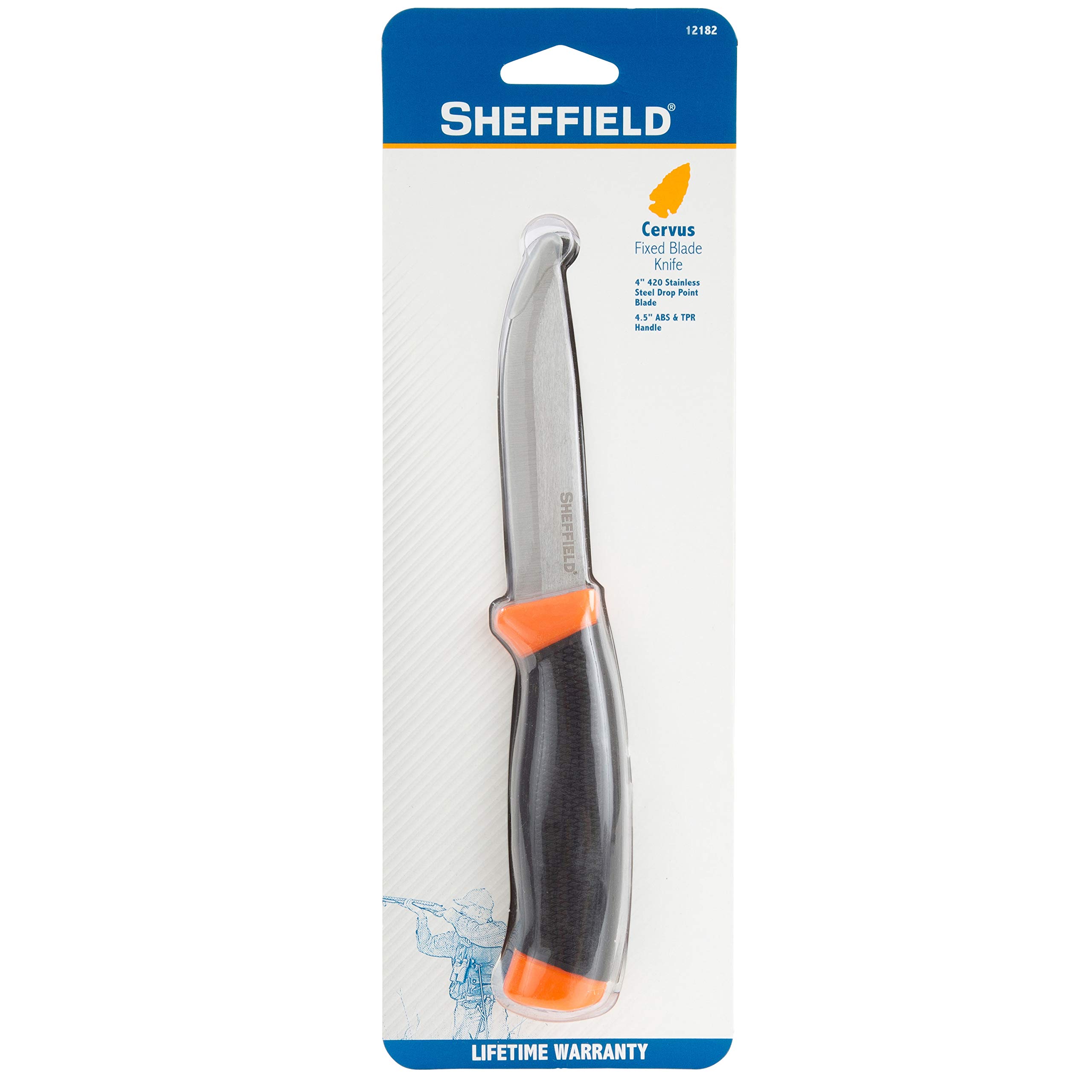 Sheffield 12182 Cervus 4 Inch Drop Point Fixed Blade Full Tang Hunting Knife with Sheath, Slip Resistant ABS Handle, Hunting, Skinning, Fishing & More
