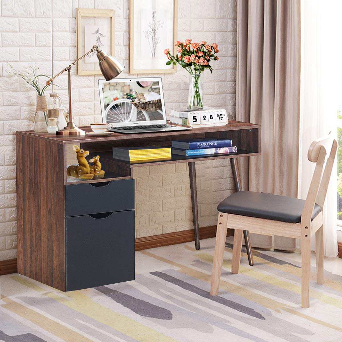 Tangkula Computer Desk with Drawers, Multipurpose Home Office Desk Writing Desk with Spacious Desktop & Storage Shelf, Computer Table Workstation, Desk for Bedroom Home Office (Brown)