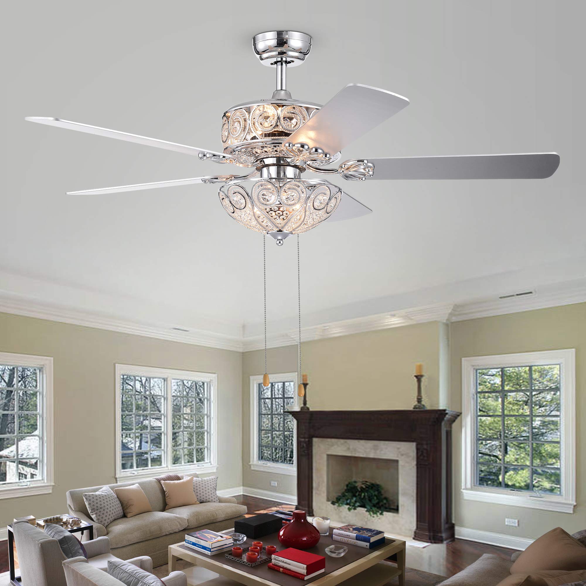 Warehouse of Tiffany Catalina Chrome-Finish 5-blade 52-inch Crystal Ceiling Fan Optional Remote (Incl. 2 Blade Colors)