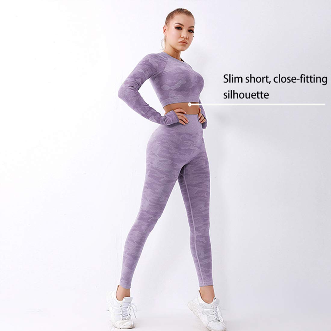 Yoga Workout Set High Waist Athletic Seamless Leggings Long Sleeve 2 Pieces Set (Camouflage Blue, S)