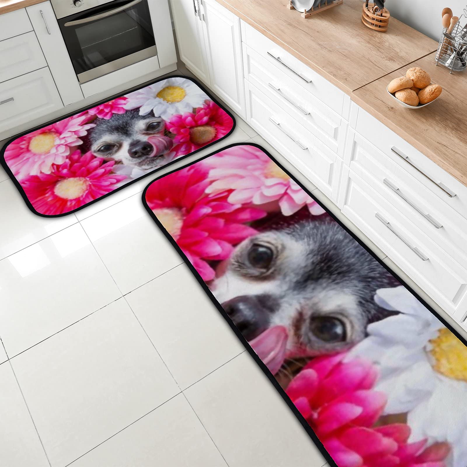 Vantaso Kitchen Floor Mat Rug Anti-Fatigue Cute Chihuahua Dog Set of 2 Cushioned Non-Slip Comfort Runner Rugs