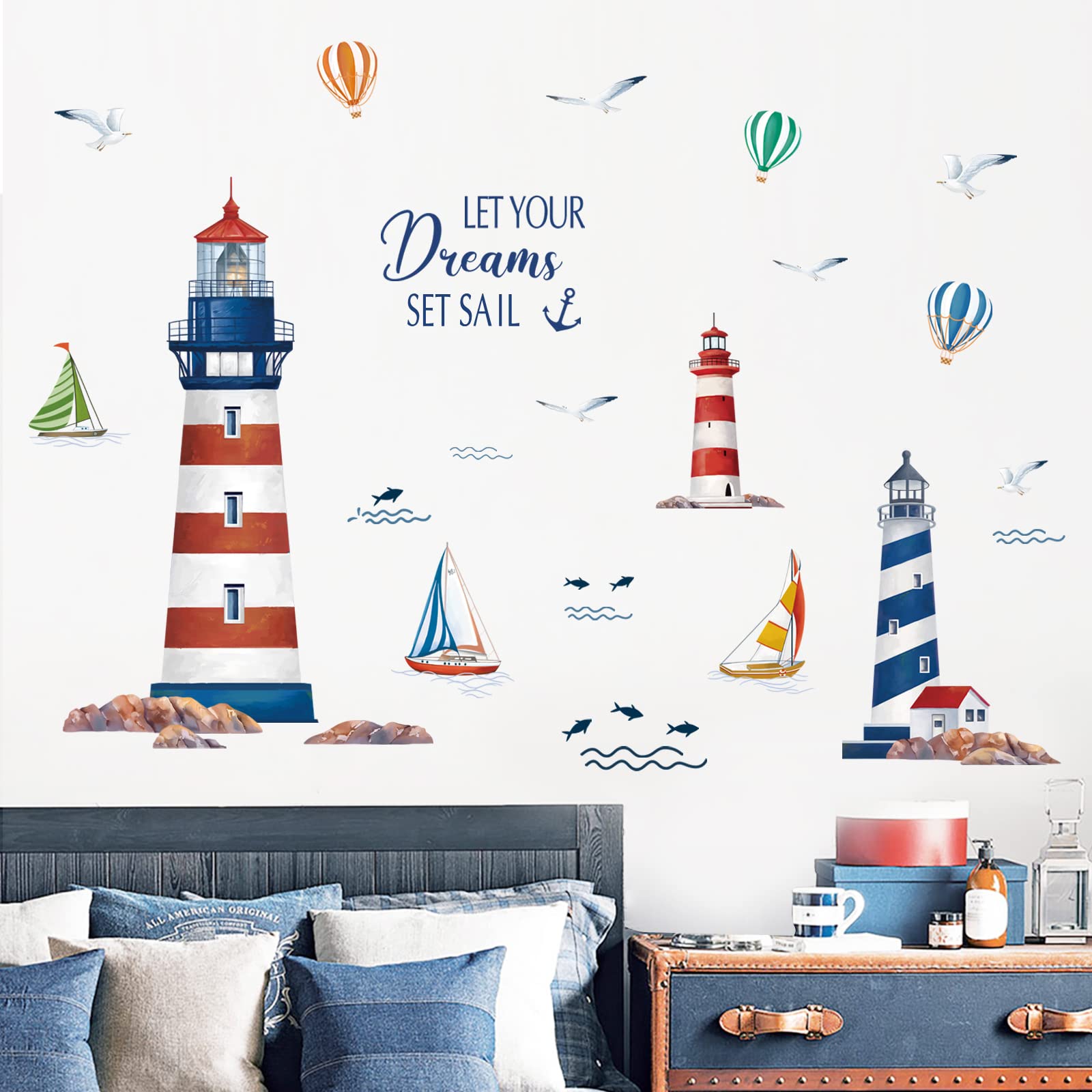 wondever Nautical Lighthouse Wall Stickers Sailboat Seagull Peel and Stick Wall Art Decals for Kids Bedroom Baby Nursery Living Room