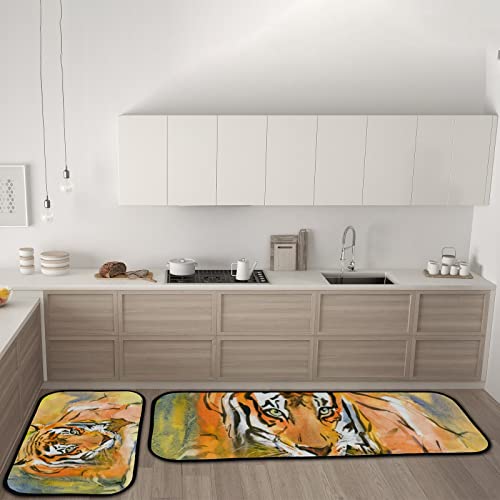 Vantaso Kitchen Floor Mat Rug Siberian Tiger Watercolor Set of 2 Cushioned Non-Slip Comfort Runner Rugs