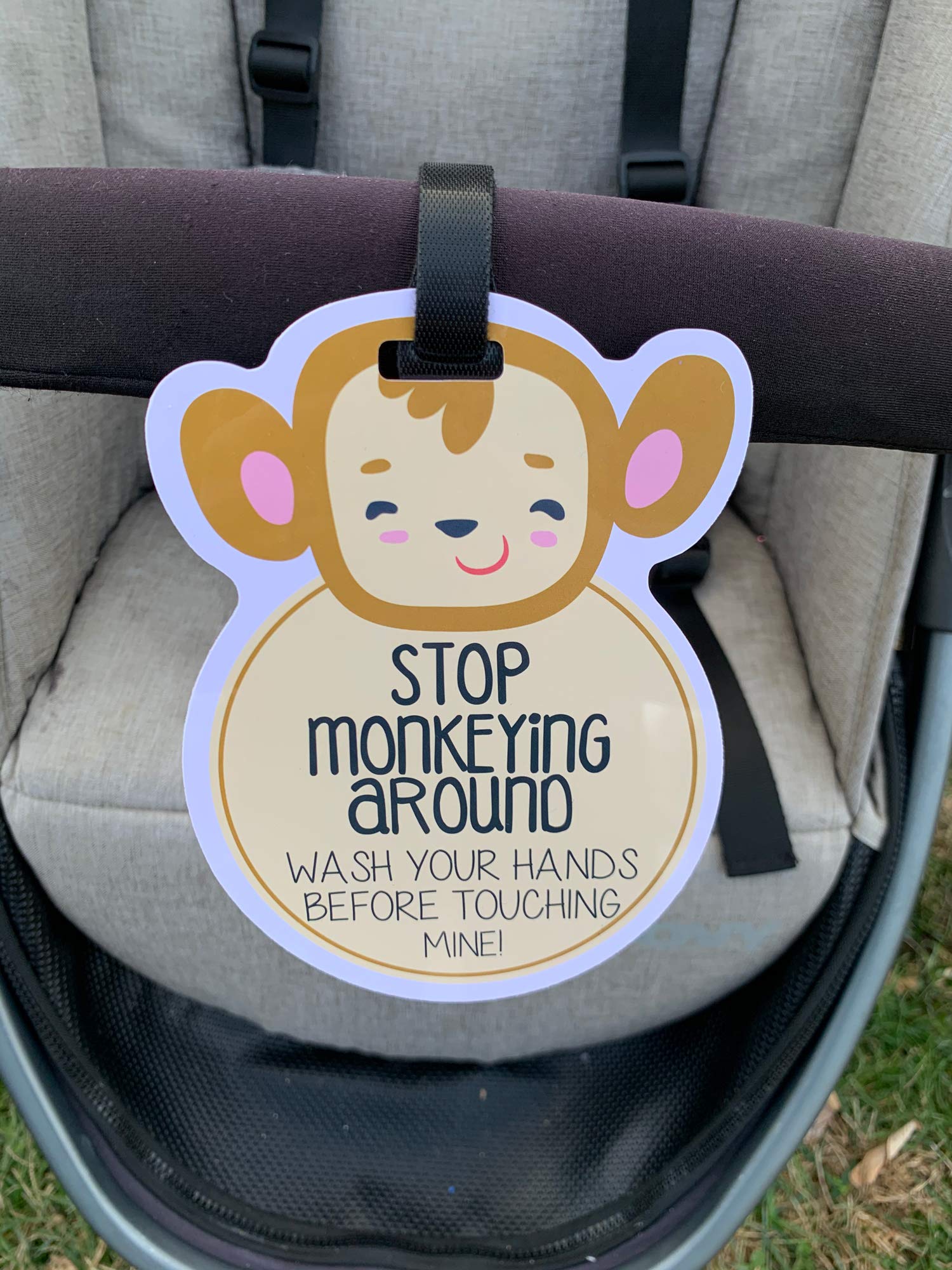 THREE LITTLE TOTS – Animal Theme No Touching Baby Car Seat Sign or Stroller Tag - CPSIA Safety Tested (Monkey)