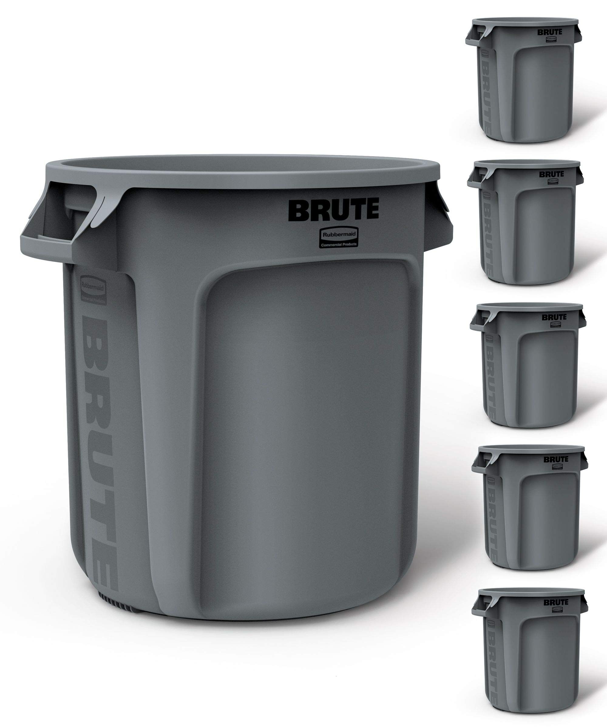 Rubbermaid Commercial Products BRUTE Heavy-Duty Trash/Garbage Can, 10-Gallon, Gray, Wastebasket for Home/Garage/Bathroom/Outdoor/Driveway, Pack of 6