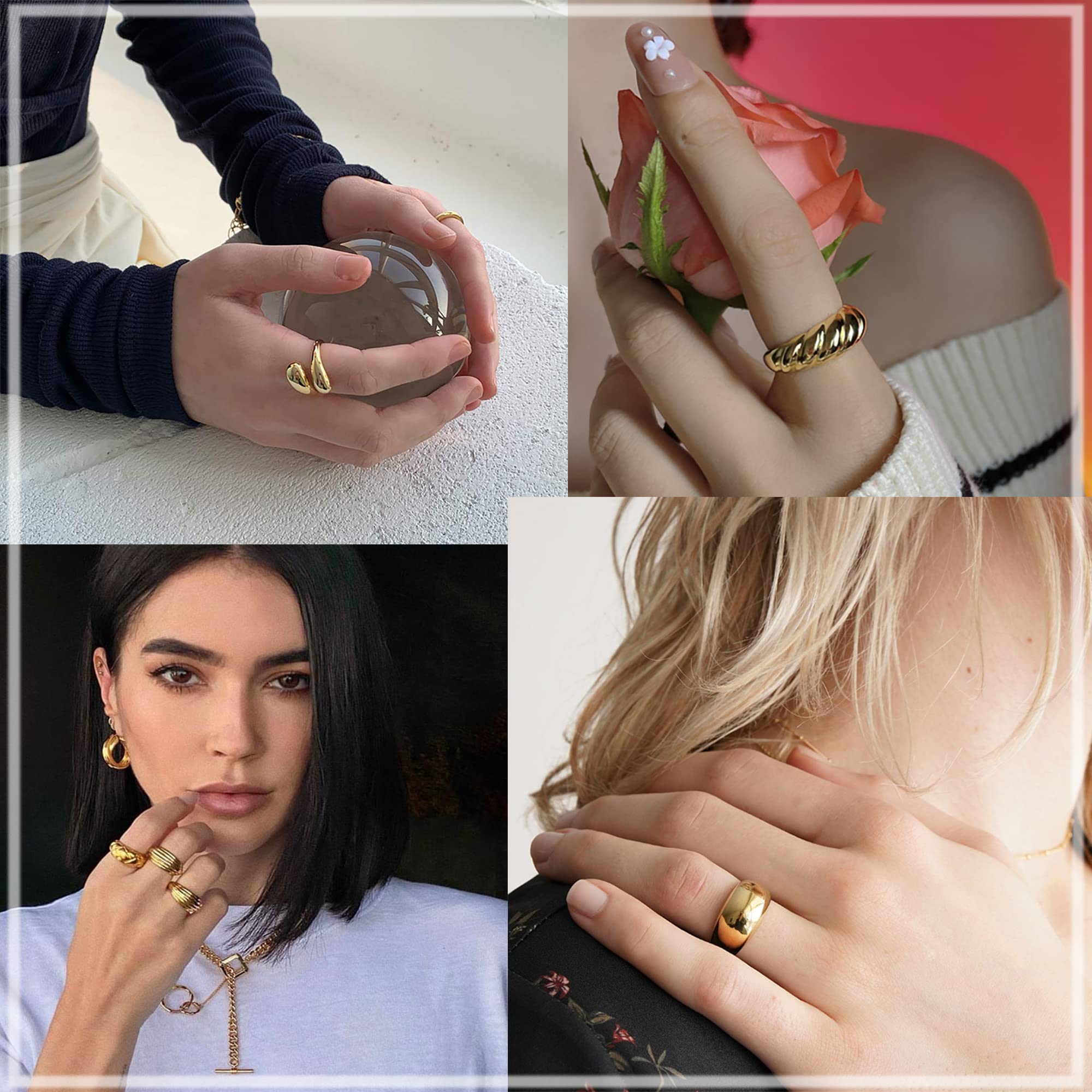 ZNBOH 8PCS Thick Dome Chunky Rings for Women 18K Gold Plated Braided Twisted Signet Ring Chunky Gold Ring Set Minimalist Statement Ring Jewelry Size 6-9