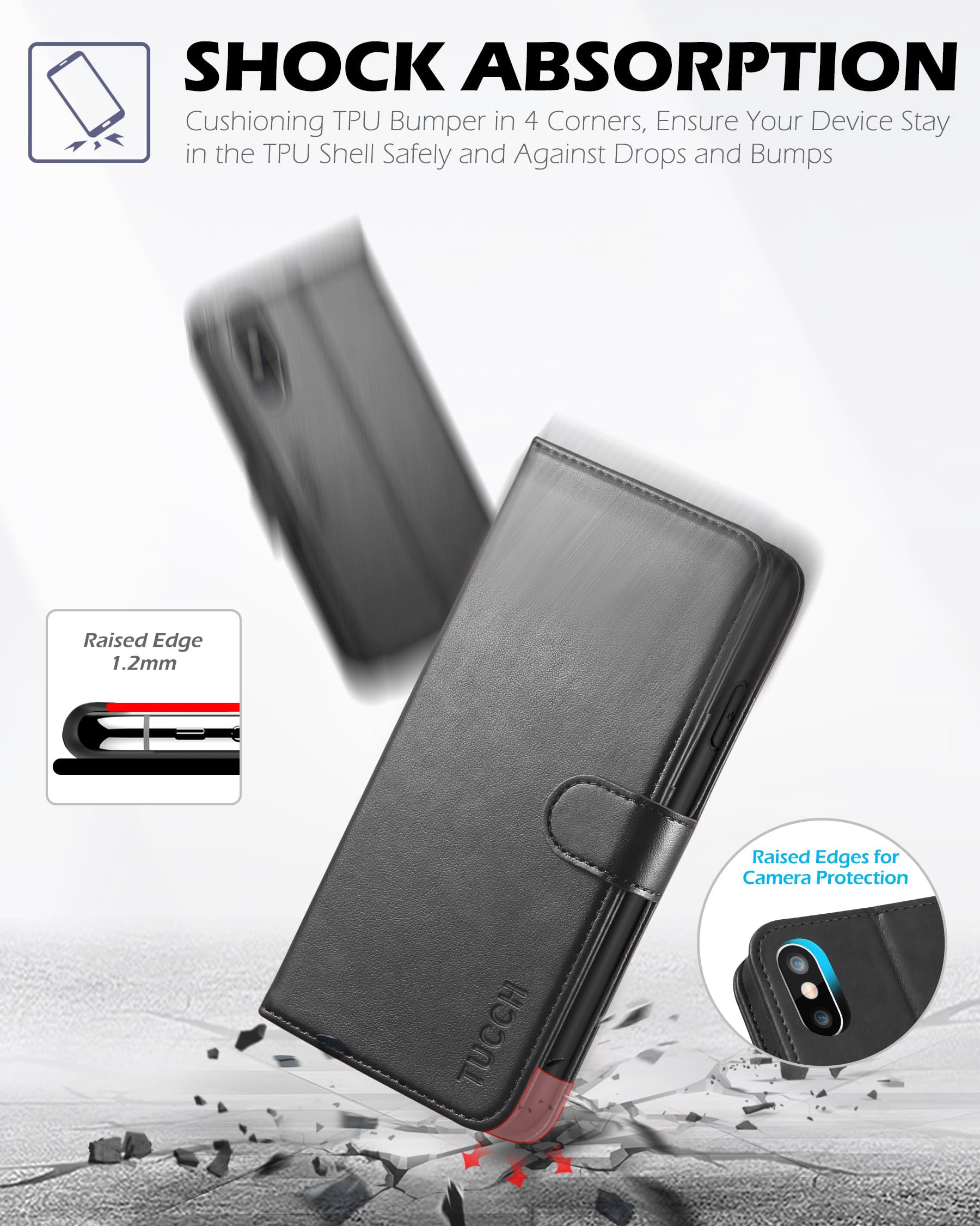 TUCCH Case Wallet for iPhone Xs Max, PU Leather Flip Cover with RFID Blocking Card Slot, Stand [Auto Wake/Sleep] Wireless Charging Shockproof TPU Shell Compatible with iPhone Xs Max 6.5", Black