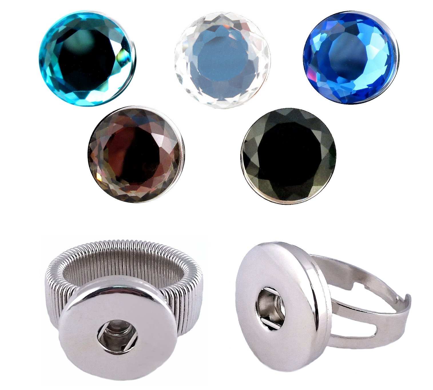 Snap Interchangeable Charm Ring Set - 5 Glass Snaps and 2 Ring Bases (JS1)