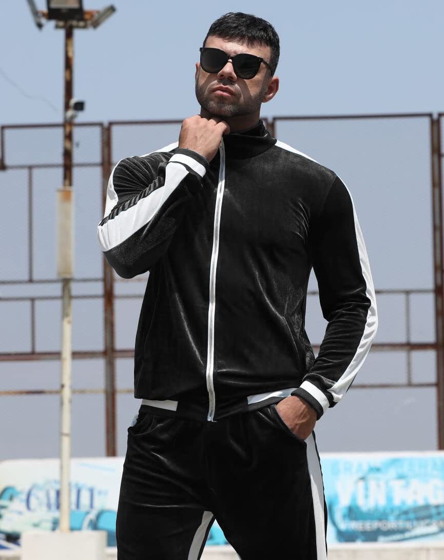 YAOGRO Velour Tracksuit Sweatsuit Set:Men's Jogging Suits Full Zip Casual Jackets Pants 2 piece Outfit Athletic Workout Black