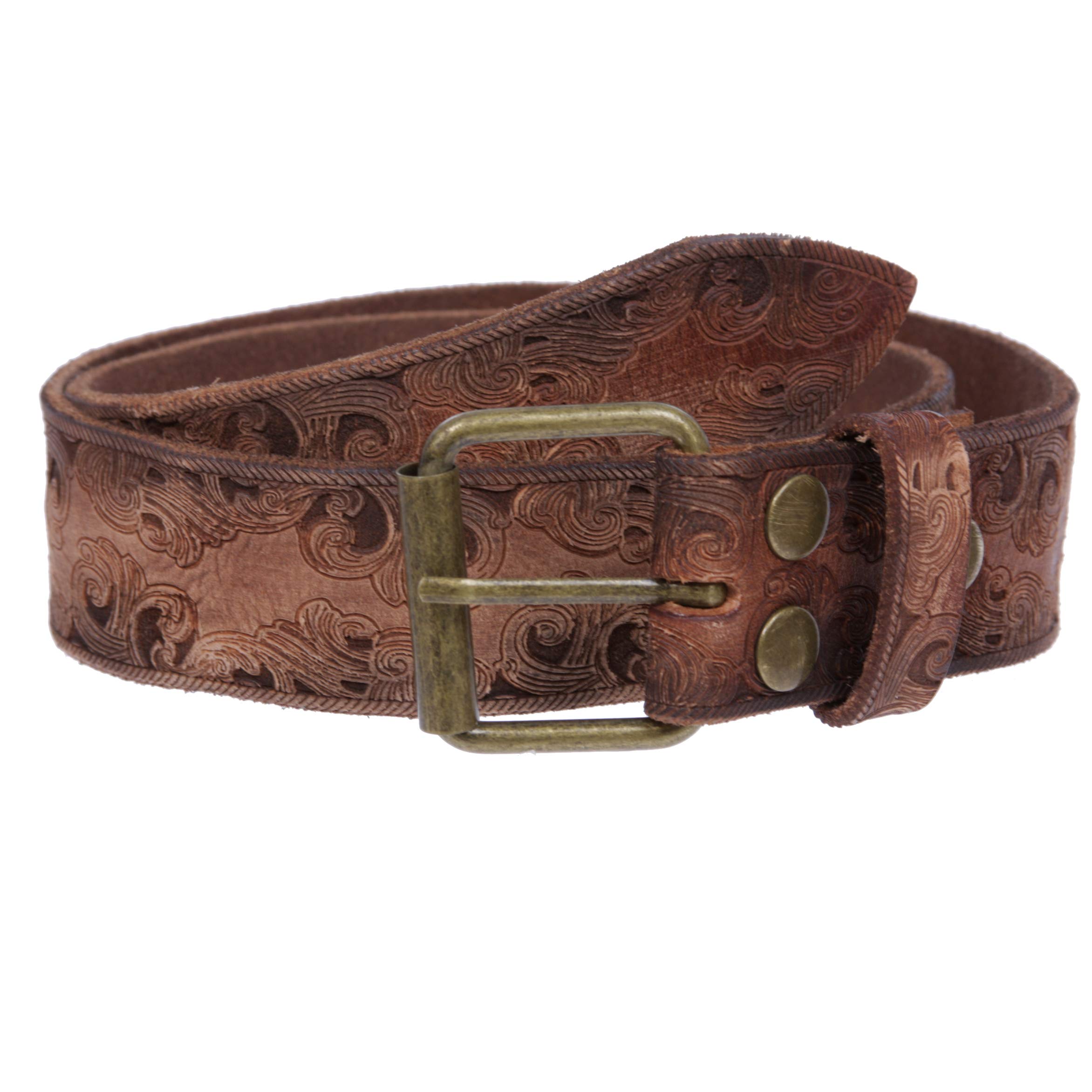 Snap On Soft Hand Floral Embossed Vintage Cowhide Full Grain Leather Casual Belt, Tan | 34