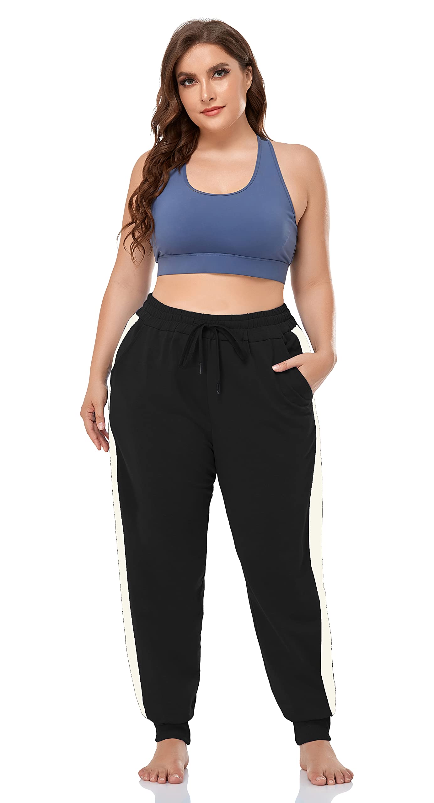 ZERDOCEAN Women's Plus Size Sweatpants Jogger Workout Pants Active Wear Casual Lounge Pants Drawstring with Pockets Black-White Stripe 5X