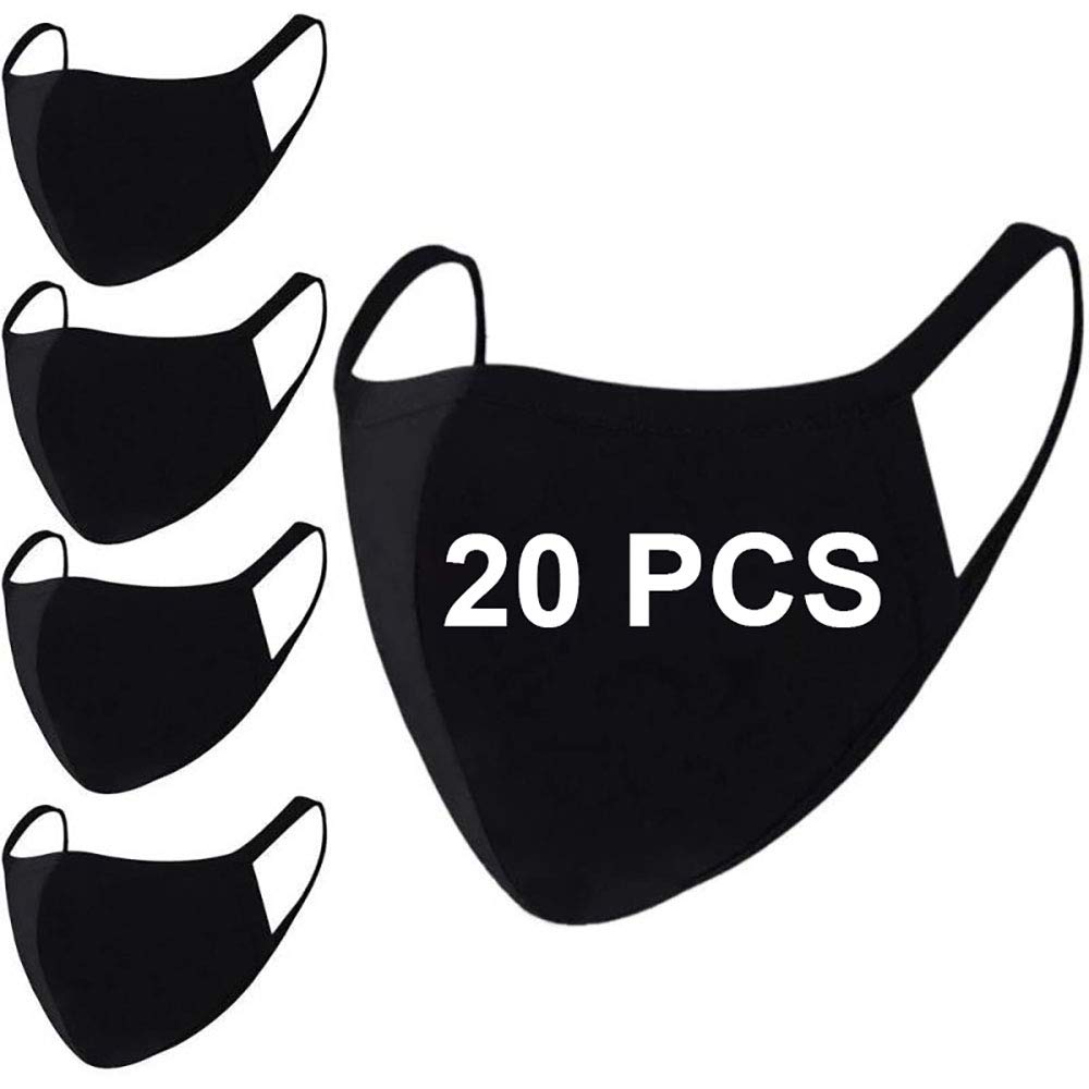 Vitnette 20 Pack Fashion Black Cloth Breathable Cotton Fabric Face Mask Reusable Washable for Unisex Women Men