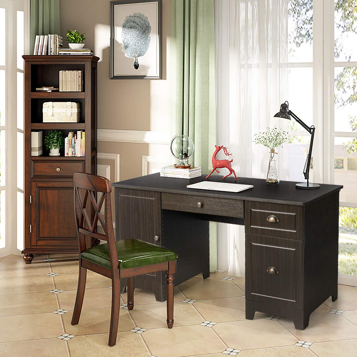 Tangkula Computer Desk with Drawers & Cabinet, Wooden Executive Desk Home Office Desk, Writing Study Desk Computer Workstation, PC Laptop Desk for Bedroom & Office (Brown)