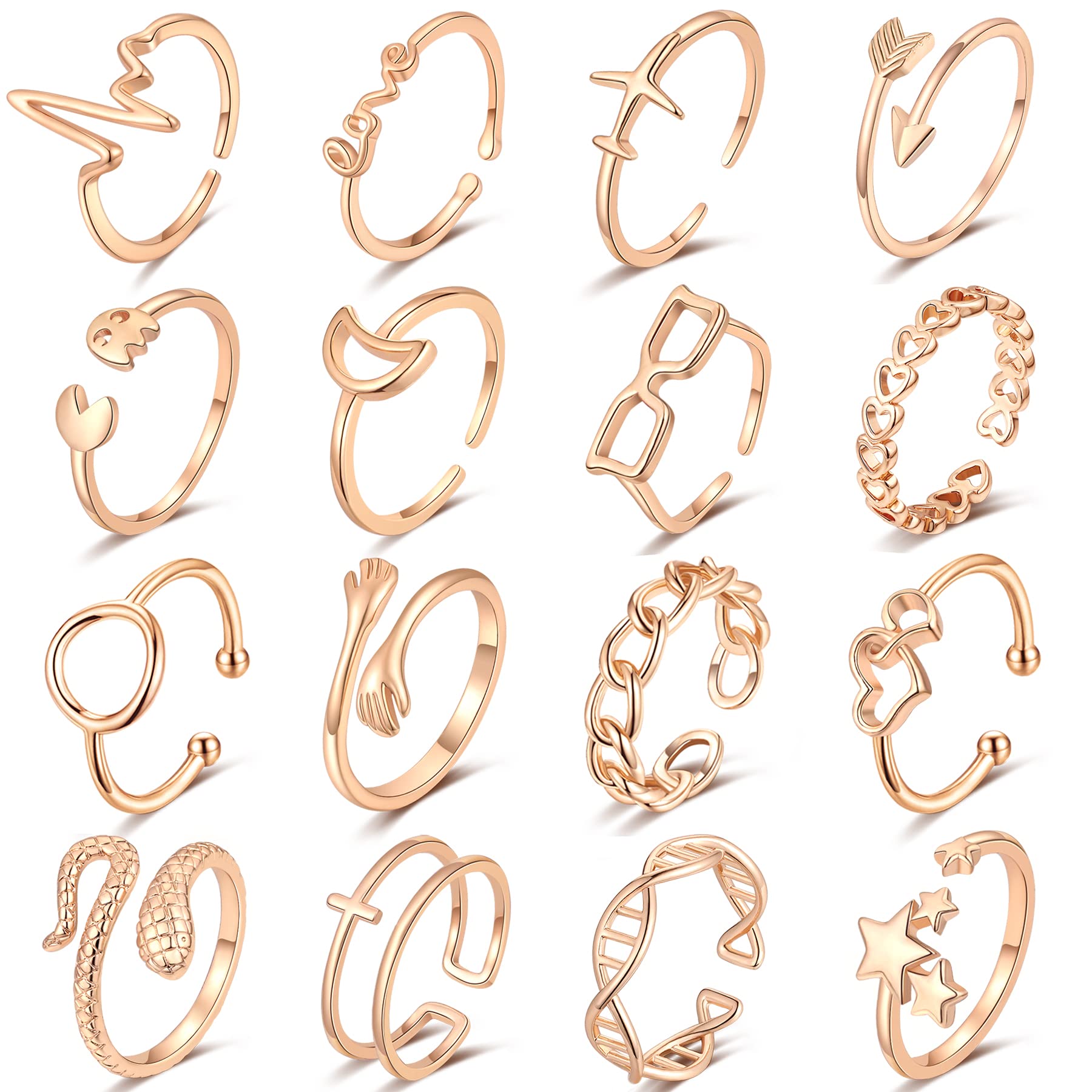 ZOERAY 16 Pcs Adjustable Rings for Teen Girls Arrow Knot Heart Wave Rings Knuckle Stacking Rings for Women Open Rings Set