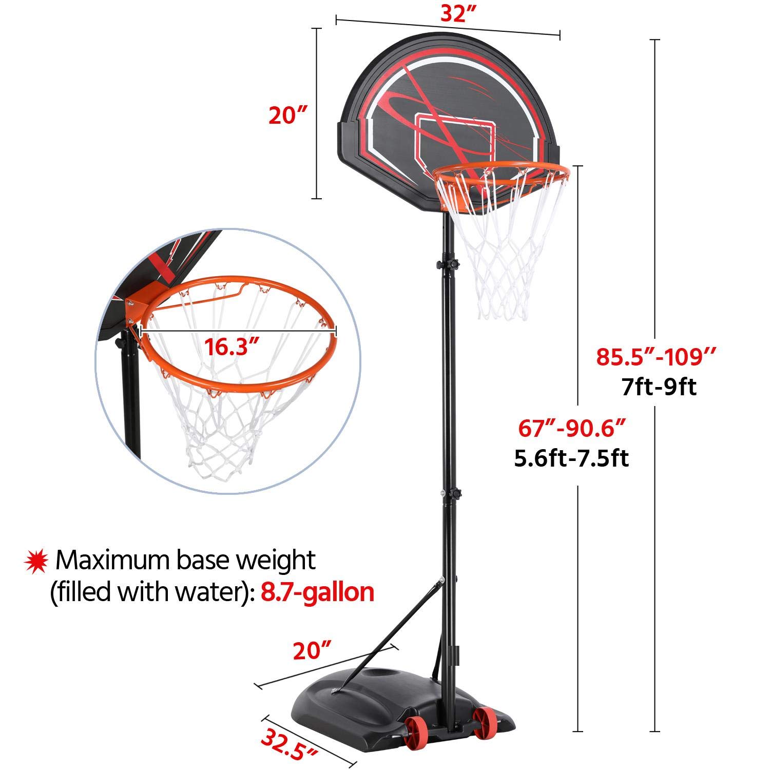 Yaheetech 32" Youth Portable Basketball Hoop 7-9ft Adjustable Height Basketball Stand Backboard System for Indoor Outdoor w/Wheels