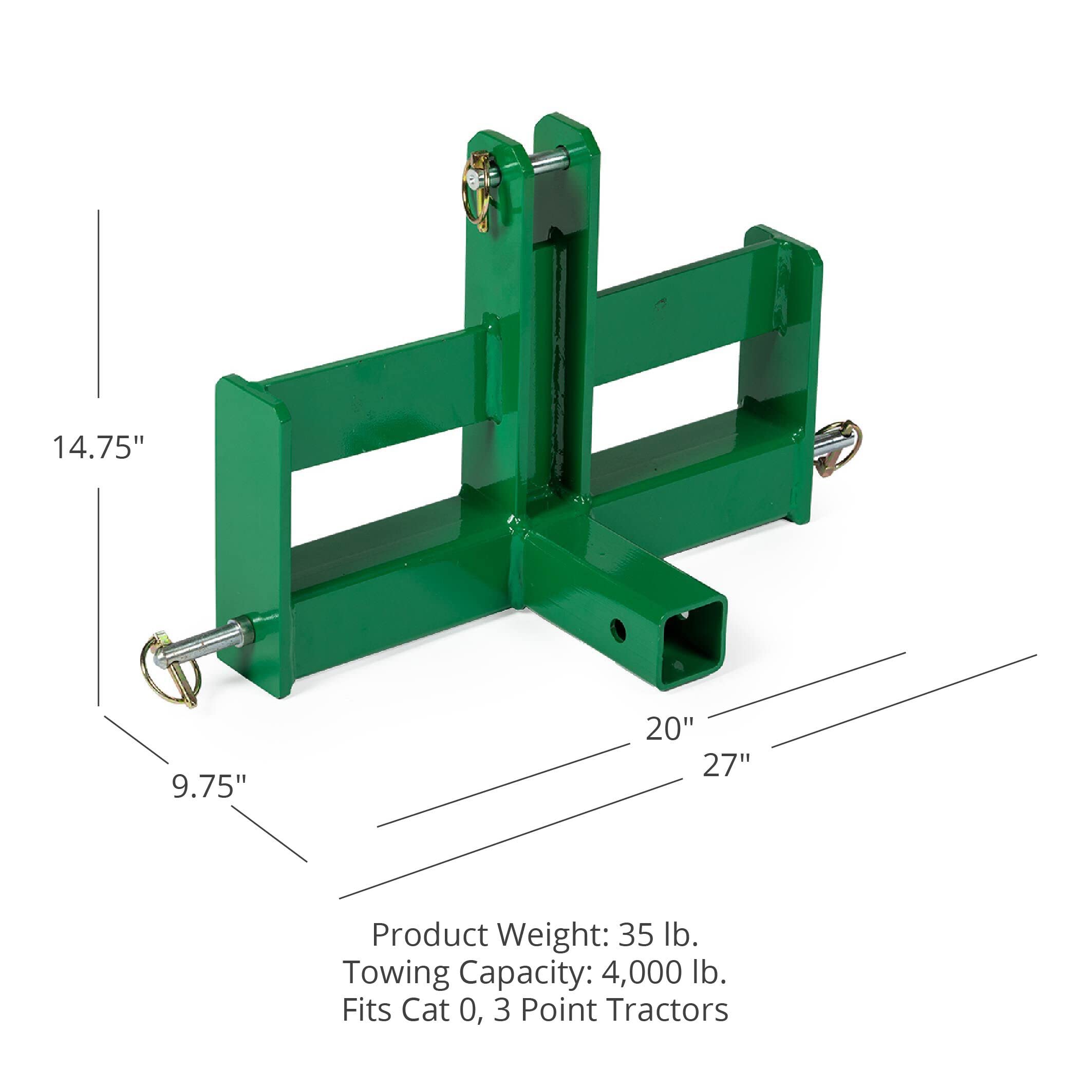 Titan Attachments 3 Point Green Hitch Receiver Tractor Drawbar with Suitcase Weight Brackets for Cat 0 Compatible, 2" Trailer Receiver Hitch, 4000 LB Towing Capacity, 2"x2" Steel Tubing