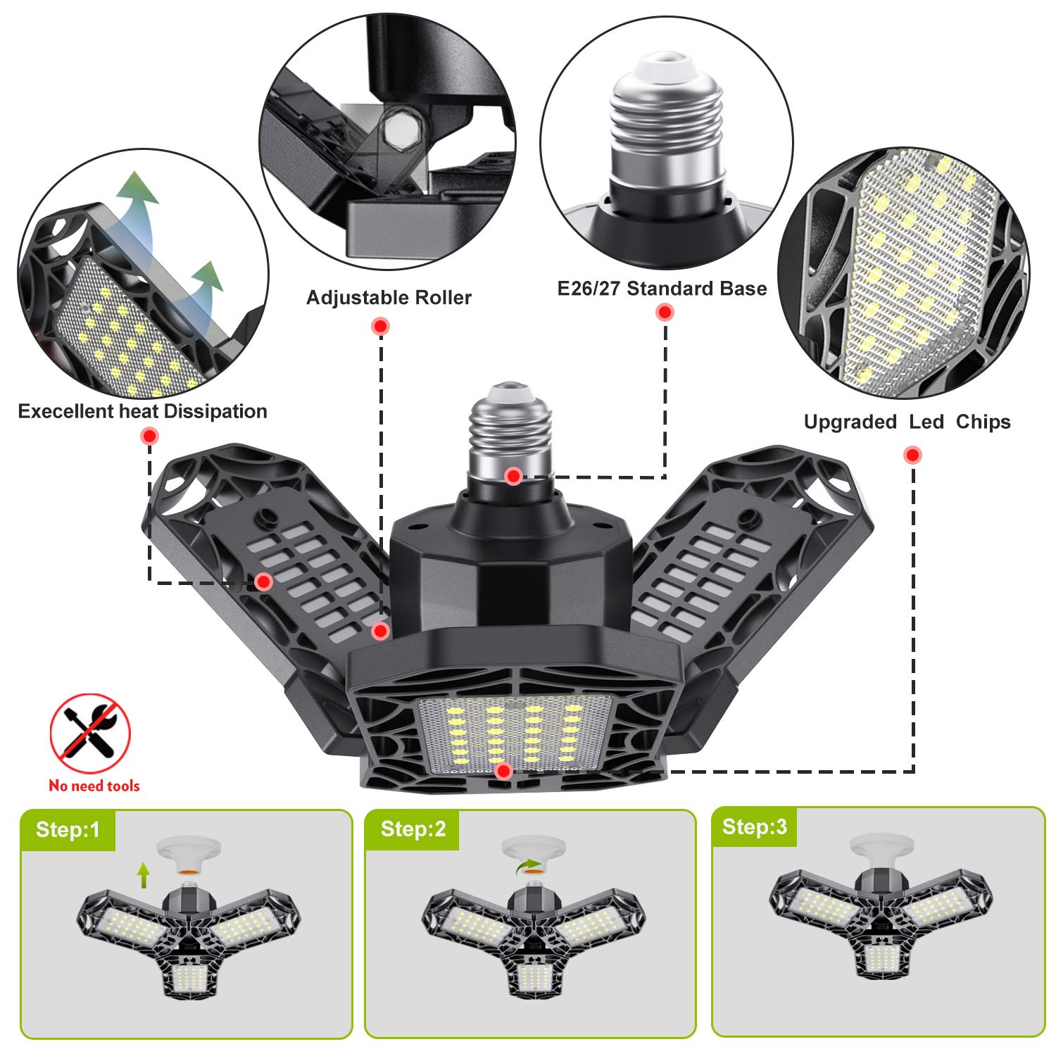 yoelike Led Garage Light 2 Pack, 60W Deformable Led Garage Lights Ceiling, 6000LM Bright Garage Light, 6500K 3 Adjustable Panels Shop Lights for Garage, Workshop, Warehouse, Barn, E26/E27