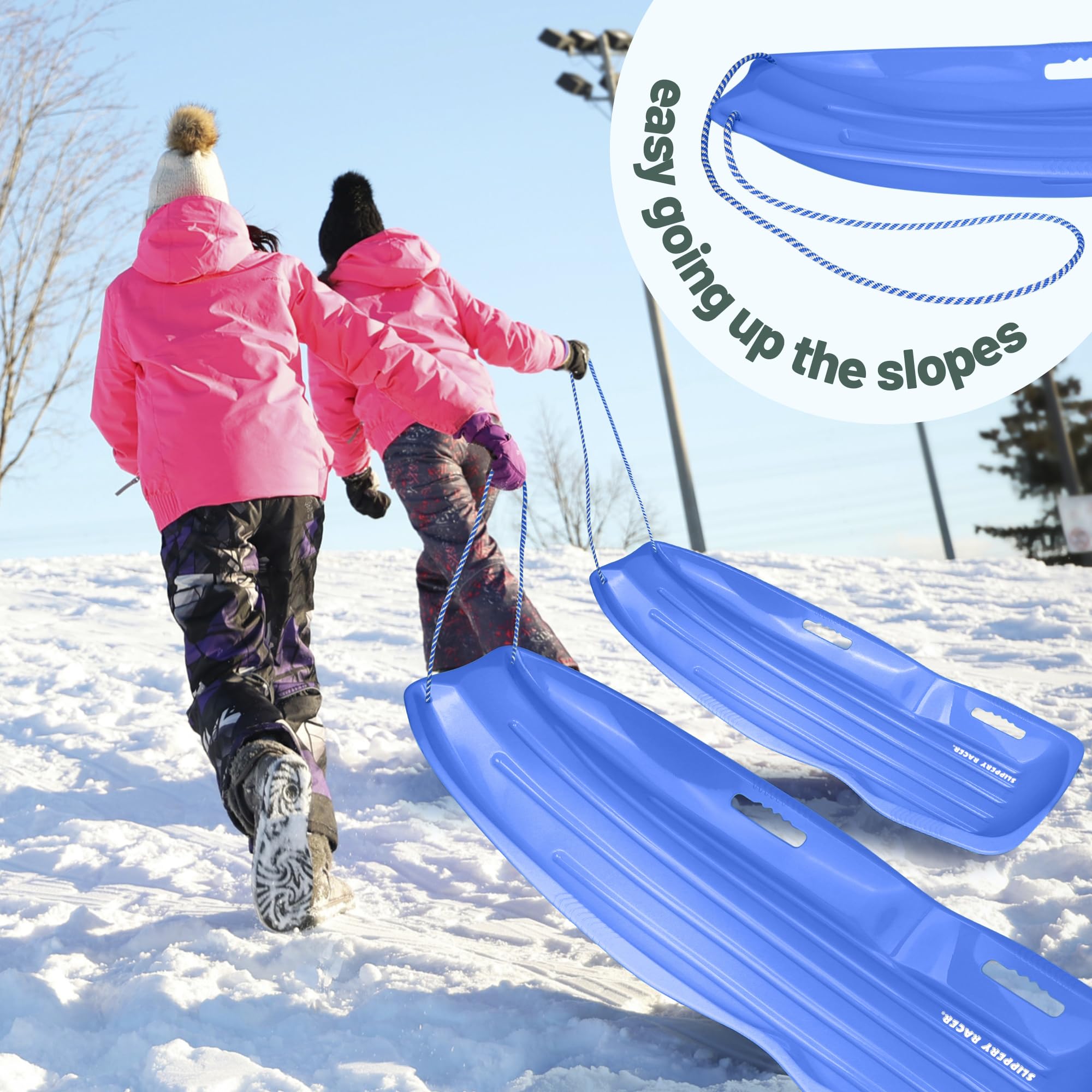 Slippery Racer Downhill Xtreme Flexible Adults and Kids Plastic Toboggan Snow Sled for Up to 2 Riders with Pull Rope, (2 Pack) (Red/Blue)