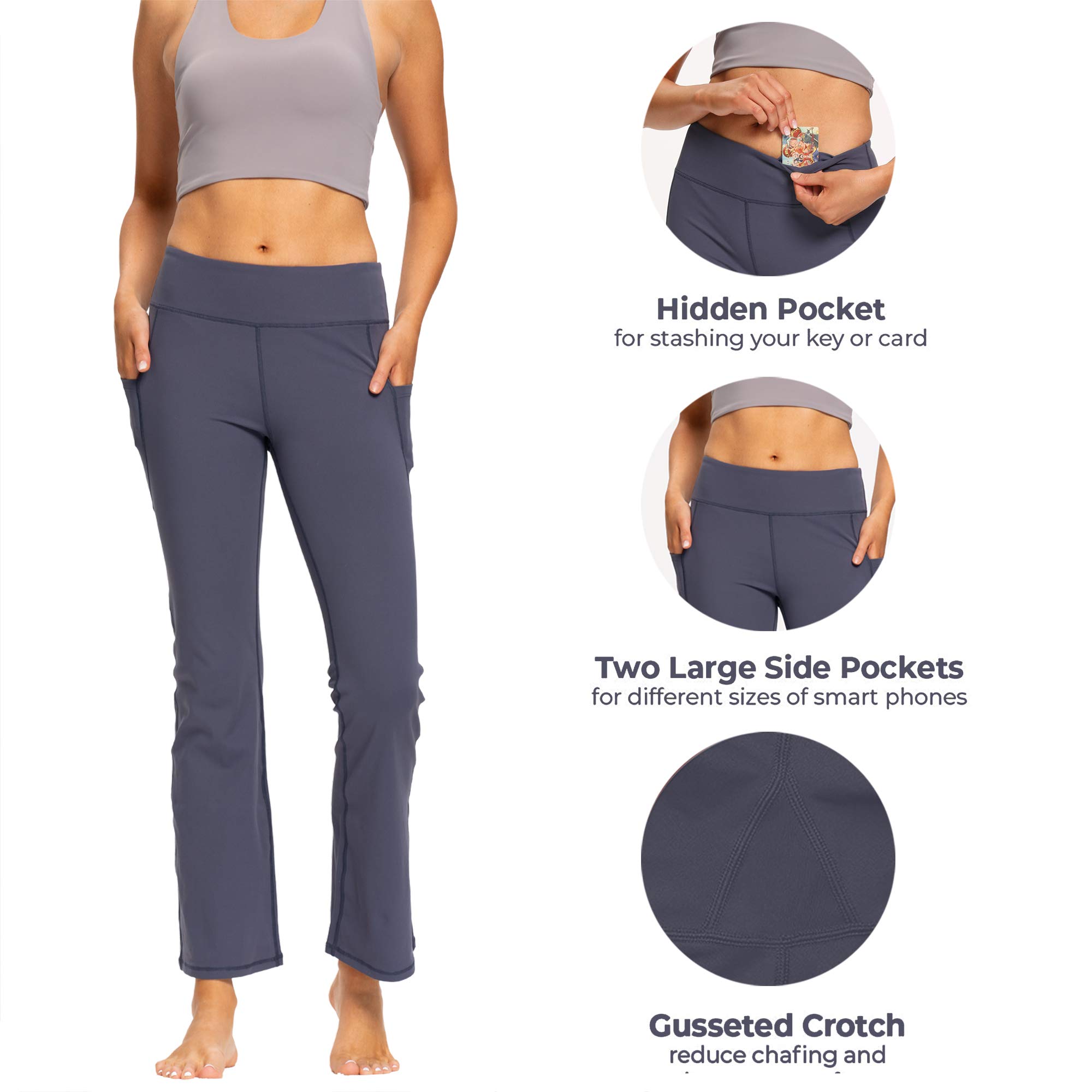 Yogamite Women's Standard Bootcut with 3 Pockets, Tummy Control Workout Flared Bootleg, Yoga Work Pants, Black, Large/29''Inseam