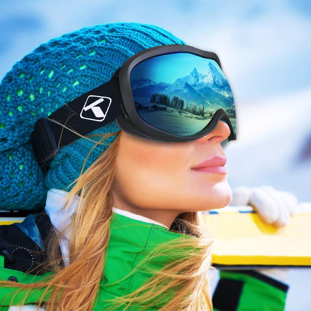 TOMSHOO Ski Goggles Windproof Snow Goggles Fit Over Glasses, Anti-Fog UV Protection Non-Slip Strap Ski Snowboard Goggles