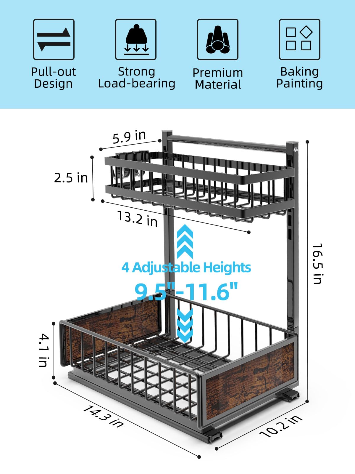 Under Sink Organizers 2 Tier - Kitchen Under Sink Organizer Storage Metal,Pull Out Cabinet Organizer,Adjustable Height Organizer with Hooks,Sturdy Slide Out Storage for Kitchen Bathroom Cabinet
