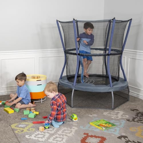 SKYWALKER TRAMPOLINES 48" Round, Indoor Outdoor Mini Trampoline for Kids Toddler Bouncer with Enclosure Net, Padded Frame, Cover and Handlebar, No-Gap Safe Design, Space Adventure