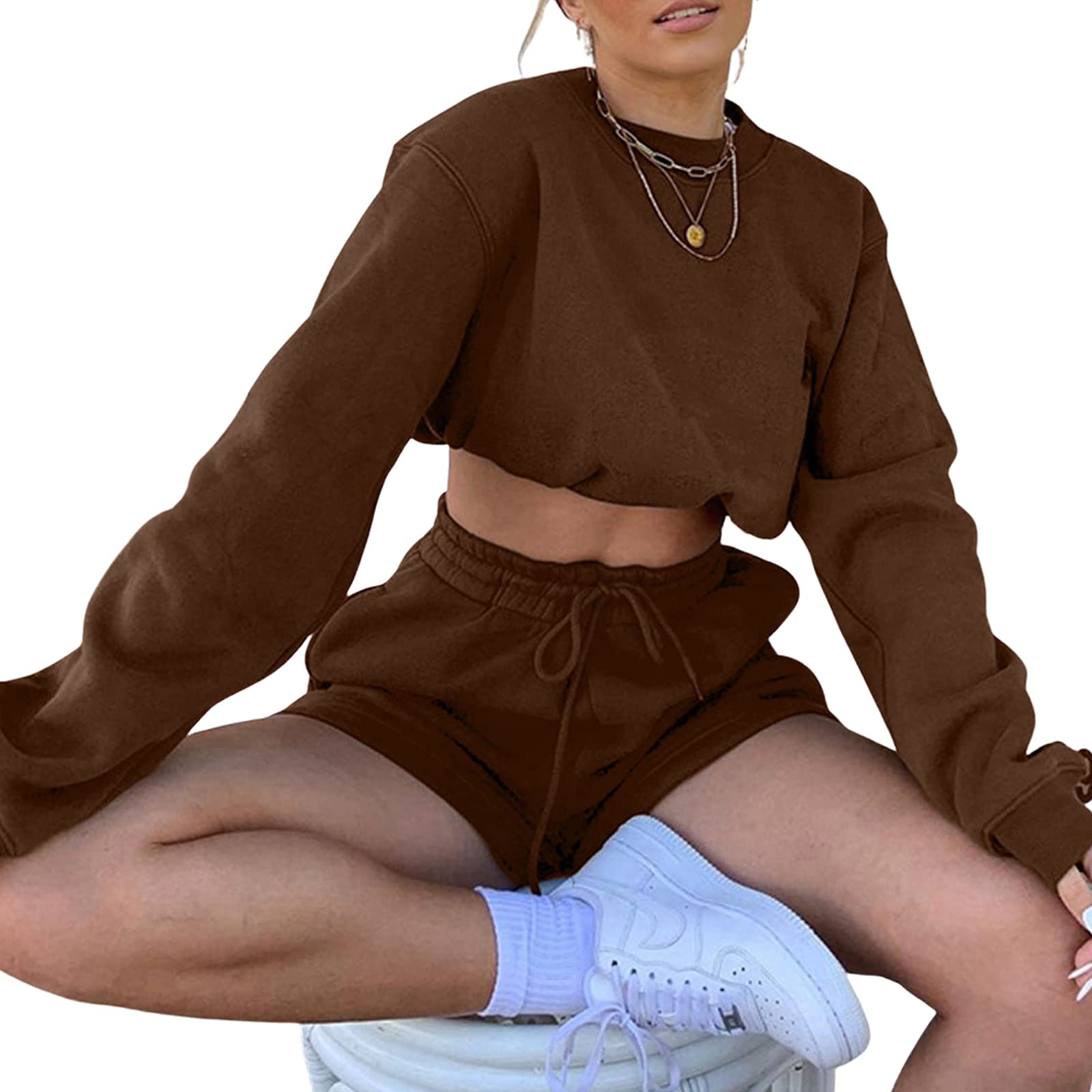 Tsnbre Womens Short Sets 2 Piece Outfits Long Sleeve Solid Pullover Sweatshirt + Loose Sweat Shorts Set (Brown, Large)