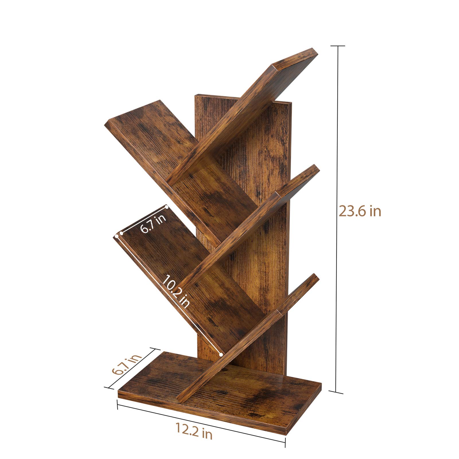 Topfurny Tree Bookshelf, 4-Tier Book Storage Organizer Shelves Floor Standing Bookcase, Wood Storage Rack for Office Home School Shelf Display for Cd/Magazine/Book - Rustic Brown