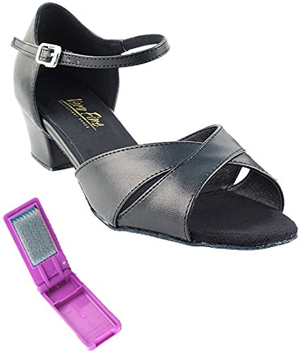 Very Fine Dance Shoes - Ladies Practice, Cuban Low Heel Ballroom Dance Shoes - 803-1.5-inch Heel and Foldable Brush Bundle - Black Leather - 4.5