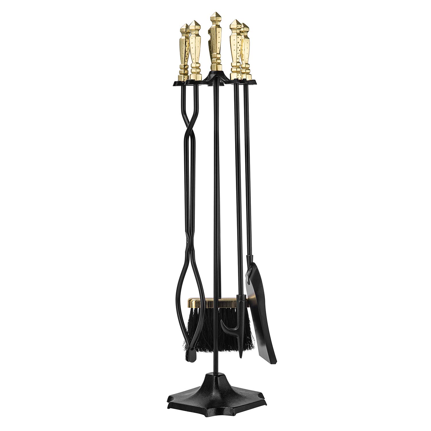 VIVOHOME Rustic Wrought Iron 5 Pieces Fireplace Tool Set with Poker Tongs Broom Shovel Stand and Brass Handle