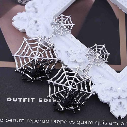 Sttiafay Gothic Spider Web Drop Earrings Black Spider Dangle Earrings Silver Spiderweb Earrings Onyx Spider Earrings Exaggerated Halloween Earrings Jewelry for Women and Girls