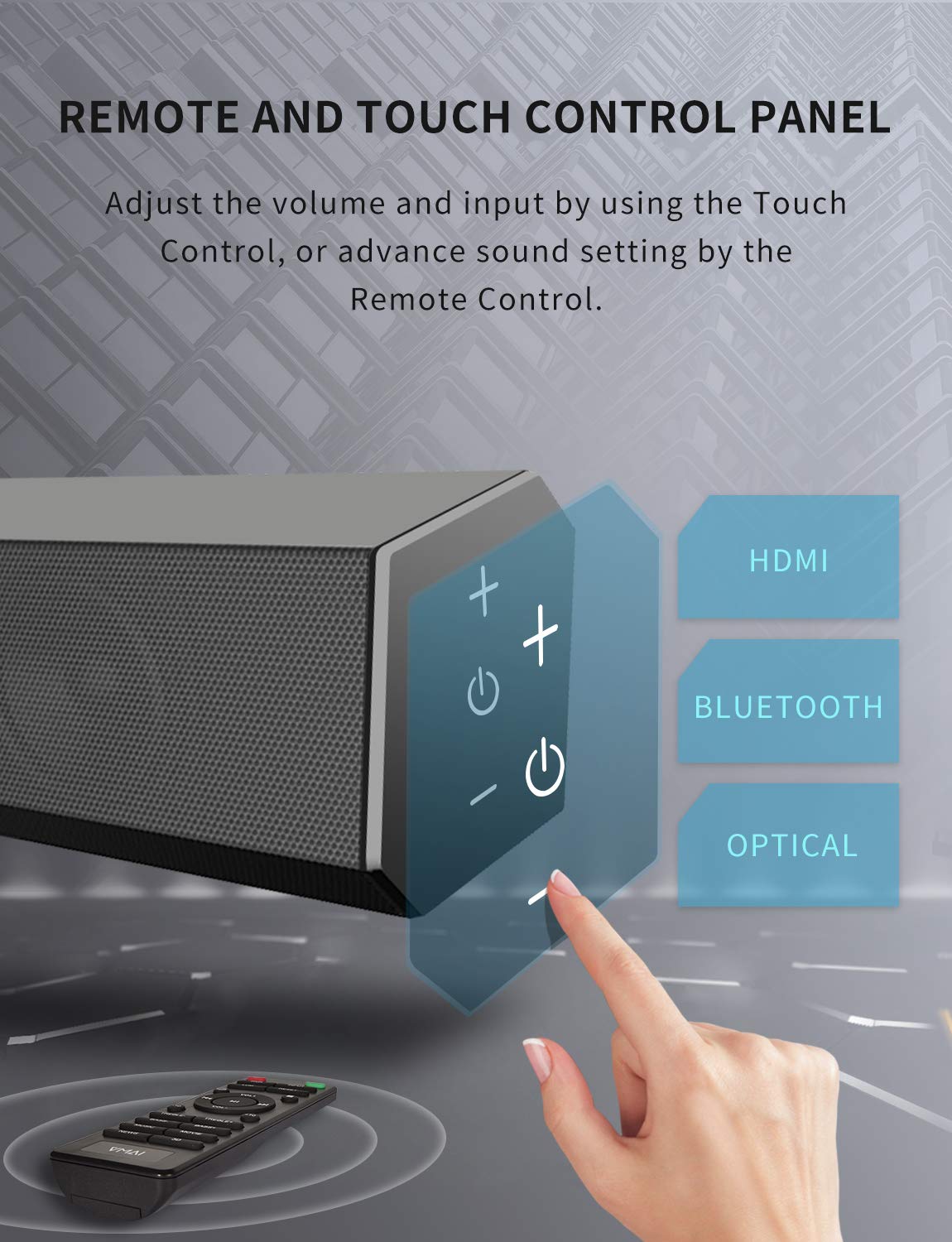 VMAI 2.1 Sound Bar with Subwoofer, 120W, Bluetooth 5.0, HDMI/Optical/Auxiliary/USB, Jet Black, 34 Inch, Wall Mountable, Bass Adjustable Surround Sound for Home Theater