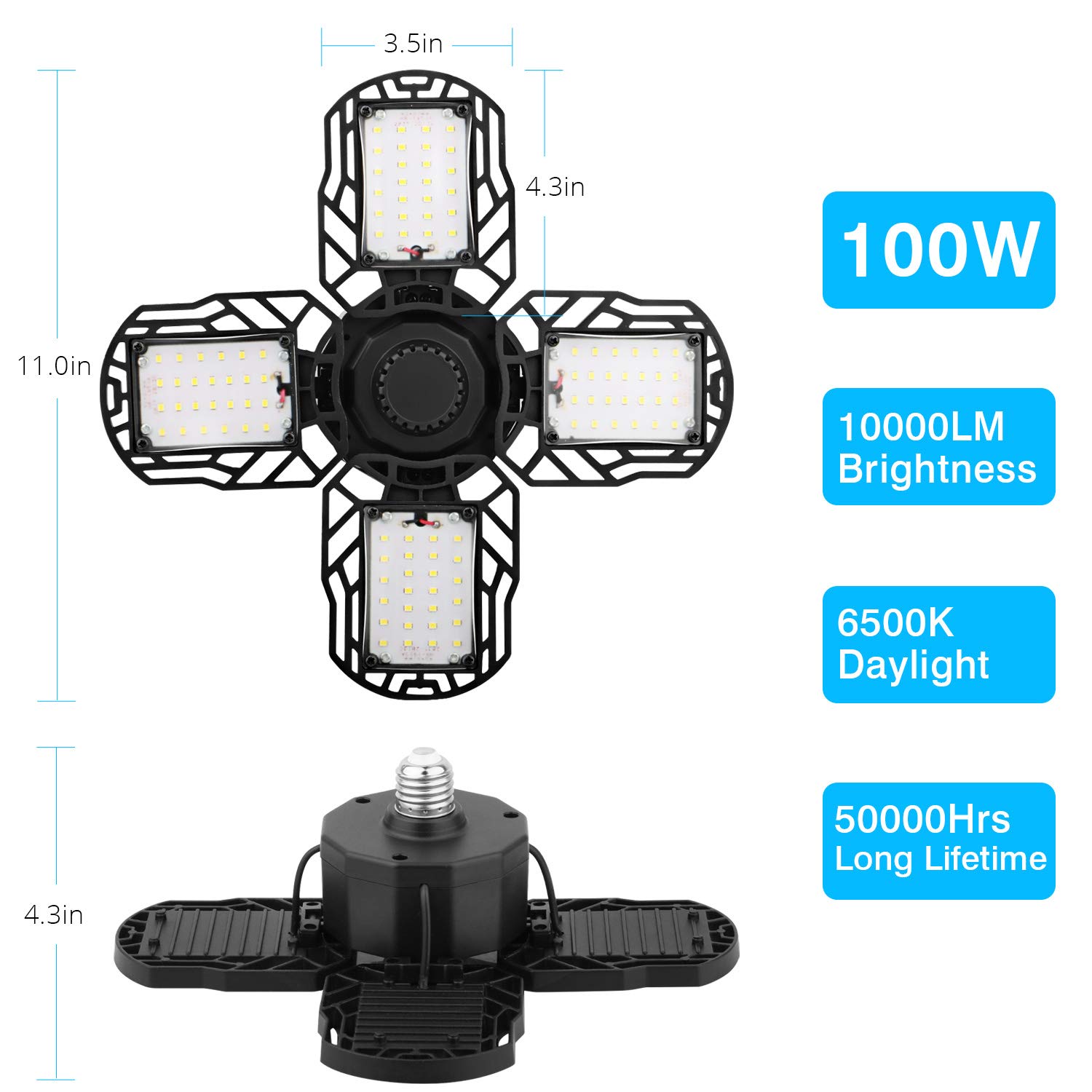 YeeSite LED Garage Lights, 100W Garage Ceiling Lights with 4 Folding Panels 10000LM, E26/E27 Sockets Included, Easy-Installation Shop Garage Lighting for Basement, Workshop, Barn, Warehouse(2 Pack)