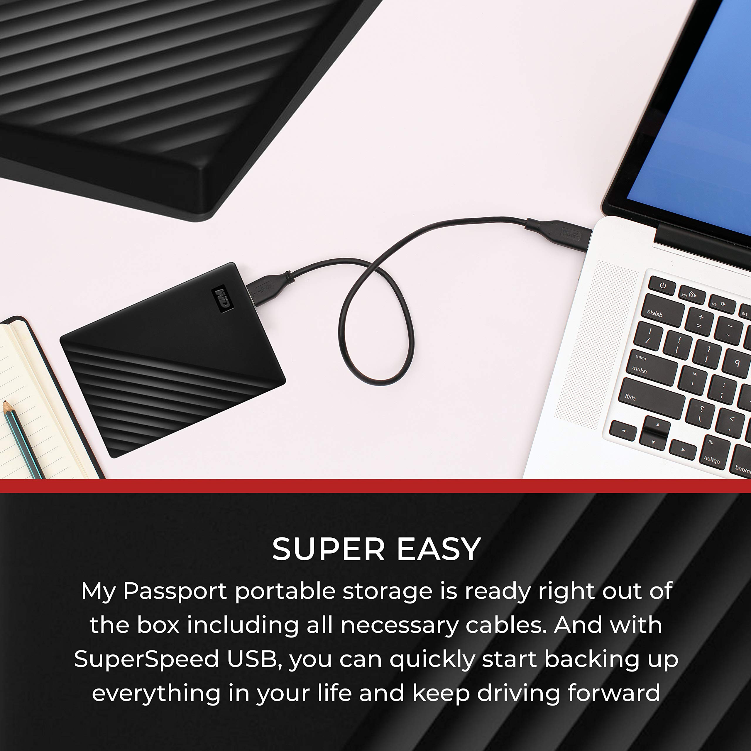 WD 4TB My Passport USB 3.0 Gen 1 Slim Portable External Hard Drive (2019, Black) + Compact Hard Drive Case (Black) (4TB, Black)