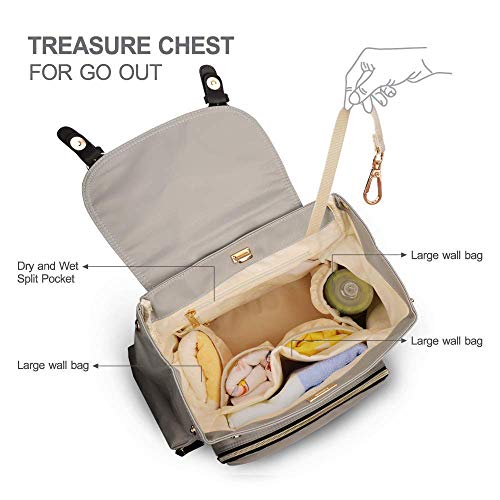 Vogshow Waterproof Diaper Bag, Multifunction Stylish Travel Backpack with 2 Stroller Hooks, Gray