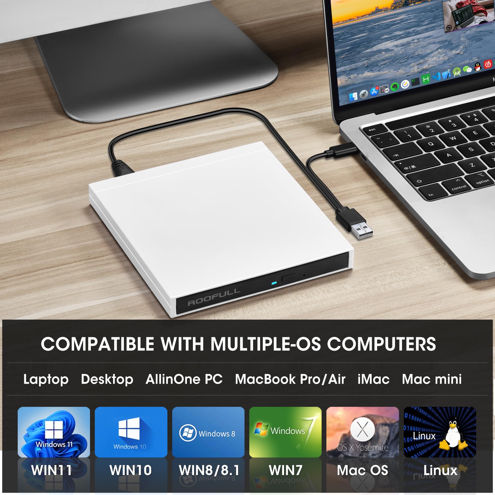 ROOFULL External CD DVD Drive for Mac, CD Burner with SD Card Reader + USB Ports + Long Cable, Portable CD-ROM DVD+/-RW Optical Disk Drive Player for Laptop PC, Windows, MacBook iMac, Linux, White