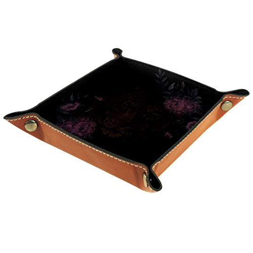 TIZORAX Floral Pattern with Tiger Office Desk Organizer Storage Box Leather Tray Holder Desktop Stationery Catchall Multi-Functional PU Leather for Wallets Keys Coins Cell Phones and Office Equipment