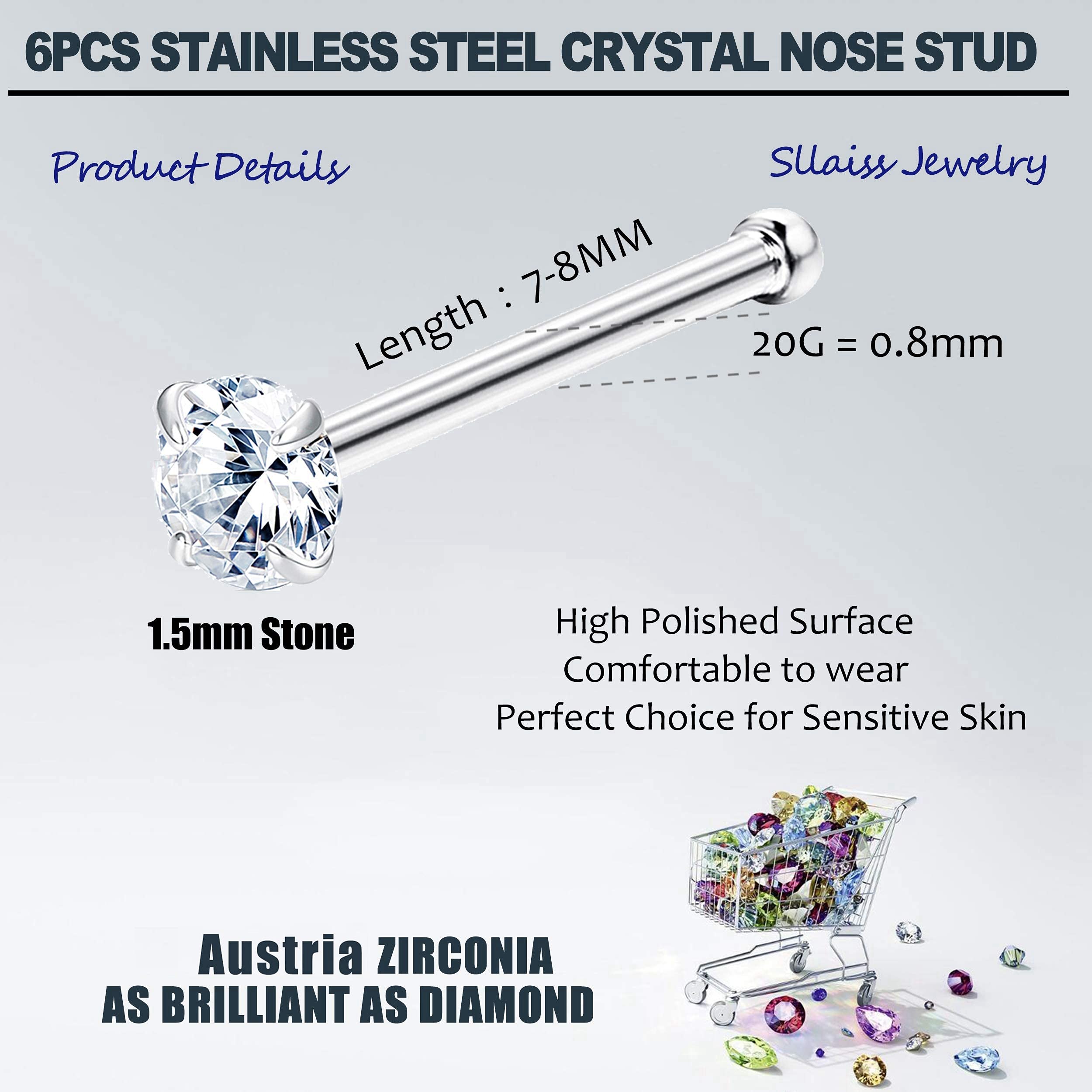 Sllaiss 6Pcs 20G Sets with Austria Zirconia Nose Ring Studs 316L Stainless Steel Hypoallergenic 1.5mm 2mm Nose Piercing Set Body Jewelry