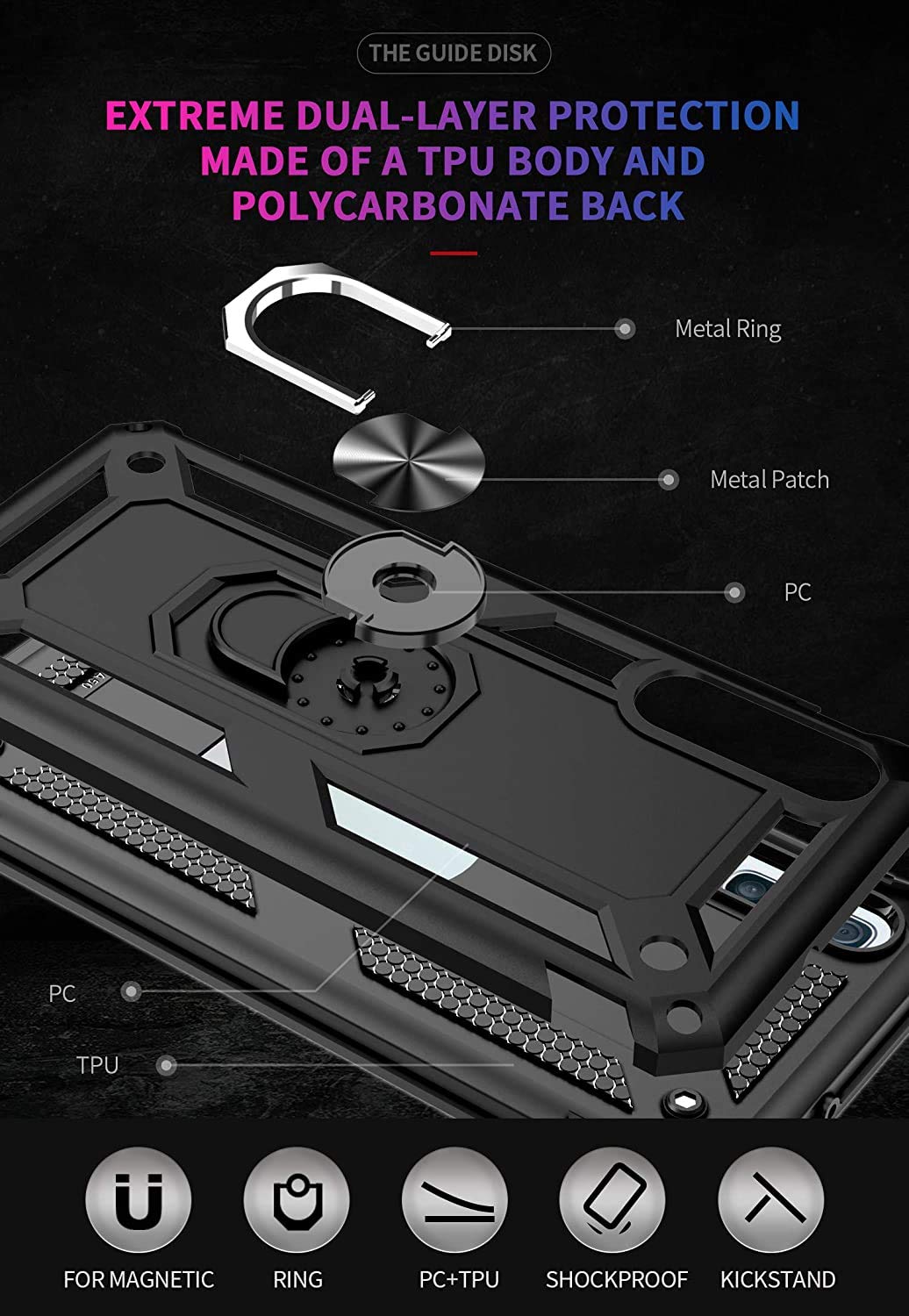 TJS Compatible with Samsung Galaxy A50 2019 Case, with Tempered Glass Screen Protector Metal Ring Magnetic Support Kickstand Heavy Duty Drop Protector Phone Case Cover (Black)