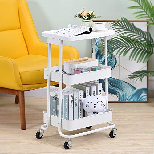 TOOLF 3-Tier Metal Rolling Storage Cart with Plastic Tabletop, 3-Tier Metal Serving Rolling Cart with Contral Handle,Trolley Organizer with Locking Wheels for Library Office Classroom Home Dedroom
