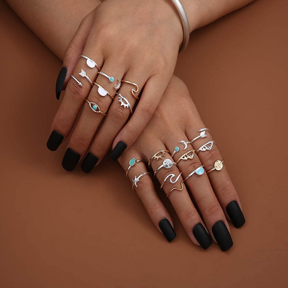 YOOESTORES82 Boho Stackable Ring Set for Women.Turquoise Star Moon Knuckle Rings Midi Finger Rings Set Retro Wave Peak Sea Stacking Joint Ring Sets