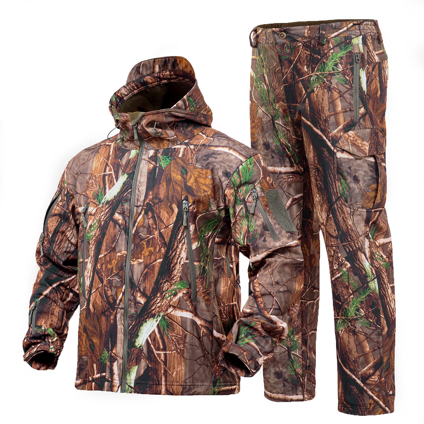 YEVHEV Quiet Hunting Clothes for Men Hunt Clothing Suit Gear Camouflage Hoodie Jacket and Pants Camo Coat Water-Repellent Windproof