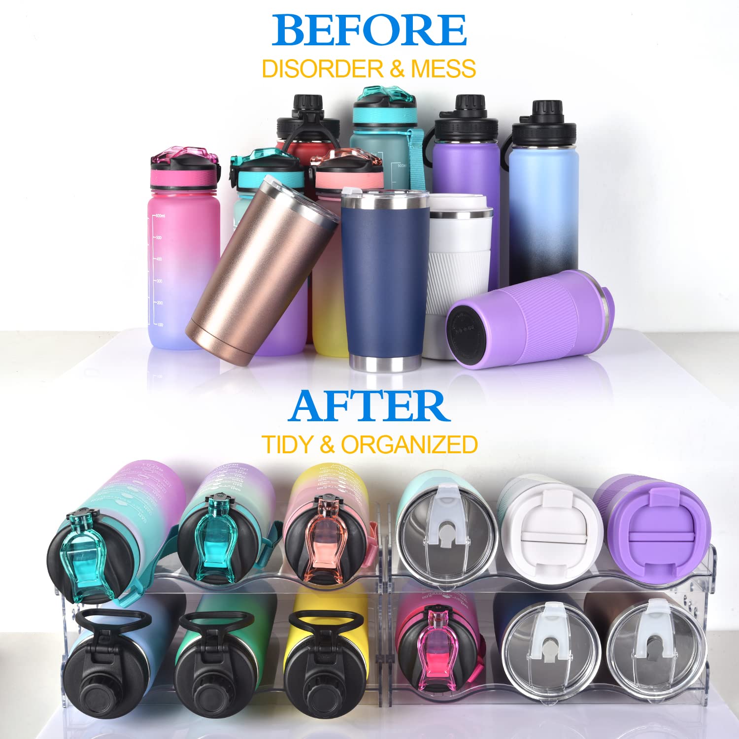Yipaga Water Bottle Organizer for Cabinet, 3 Pack Stackable Kitchen Pantry Organization and Storage Shelves, Plastic Water Bottle Holder for Fridge Wine Drink Racks Tumbler Travel Mug Cup Organizer
