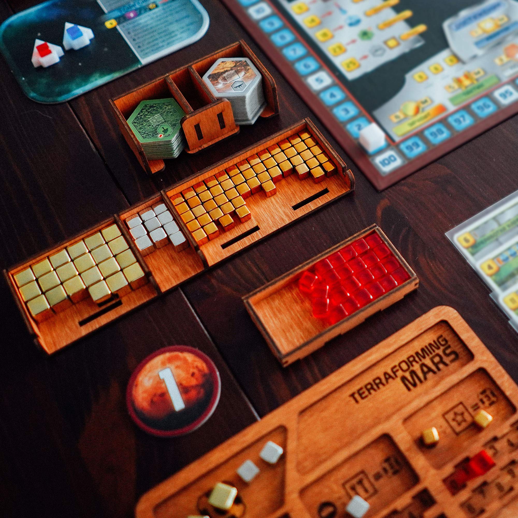 SMONEX Wooden Organizer Compatible with Terraforming Mars Board Game - Box Suitable for Storage All Mars Terraforming Expansion - Kit Token Box Card Insert