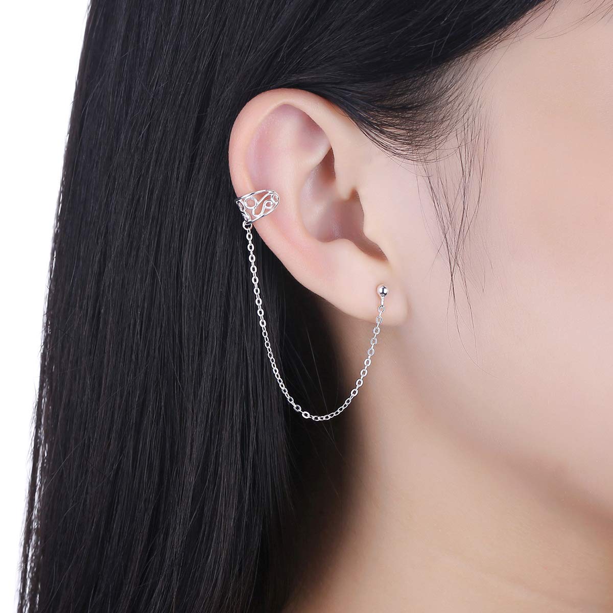 SLUYNZ 925 Sterling Silver Cuff Earrings Chain Studs for Women Cartilage Earrings Crawler Earrings Wrap (Style 2)