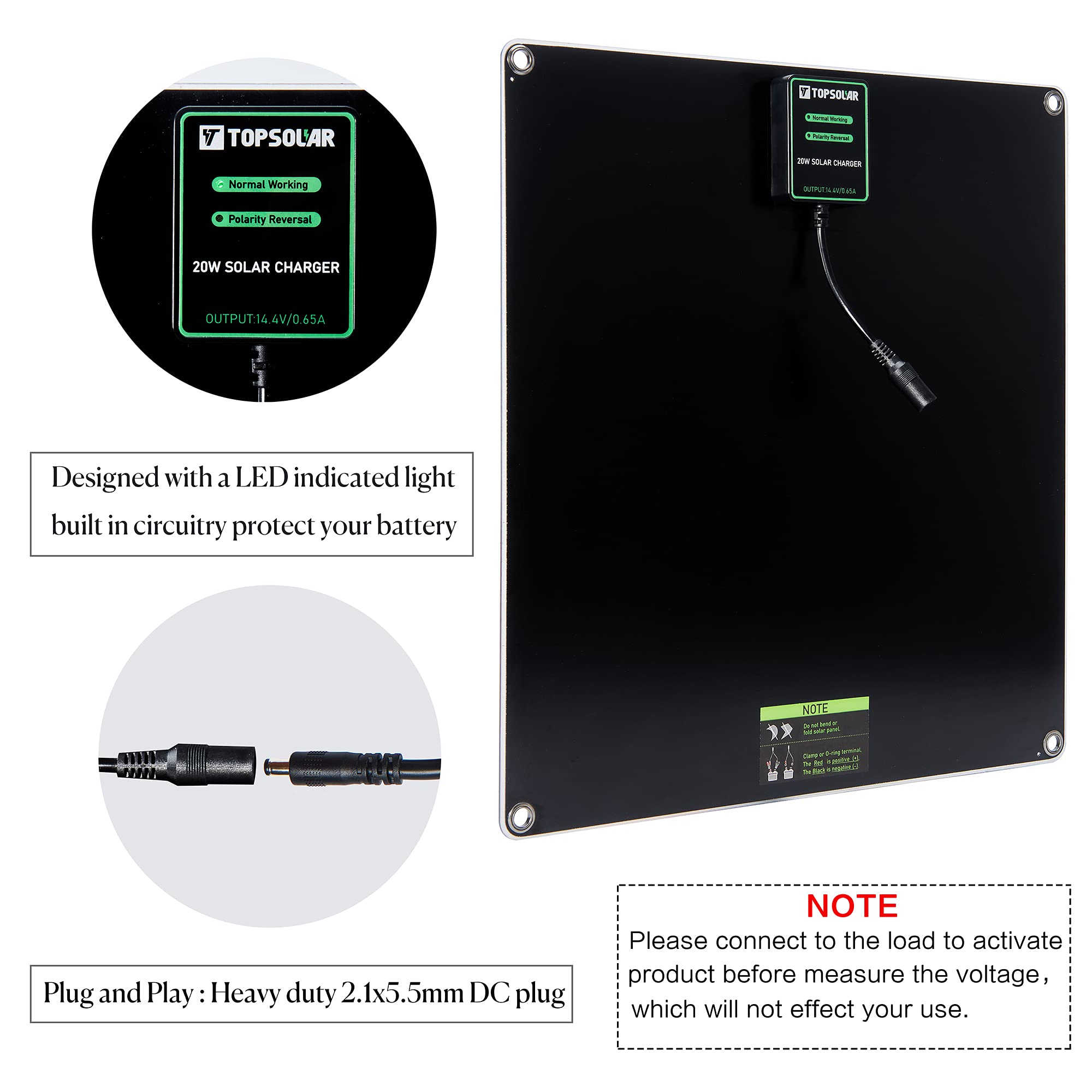 Topsolar 20 Watt 12 Volt Solar Trickle Charger 20W 12V Solar Panel Car Battery Charger Portable Solar Battery Maintainer for Car Motorcycle Boat Marine RV + Cigarette Lighter Plug Alligator Clip