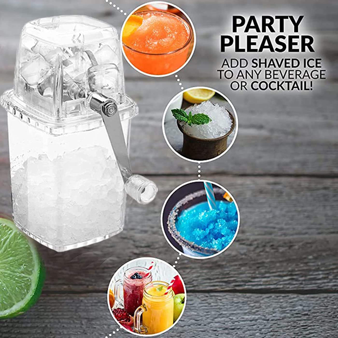 ZHER-LU Hand-Crank Ice Crusher, Ice-Maker Machine, Clear Ice Crusher for Home 1.25L Chrome Plated Ice Grinder Ice cube Drinks Chopper Stirrer (Transparent)
