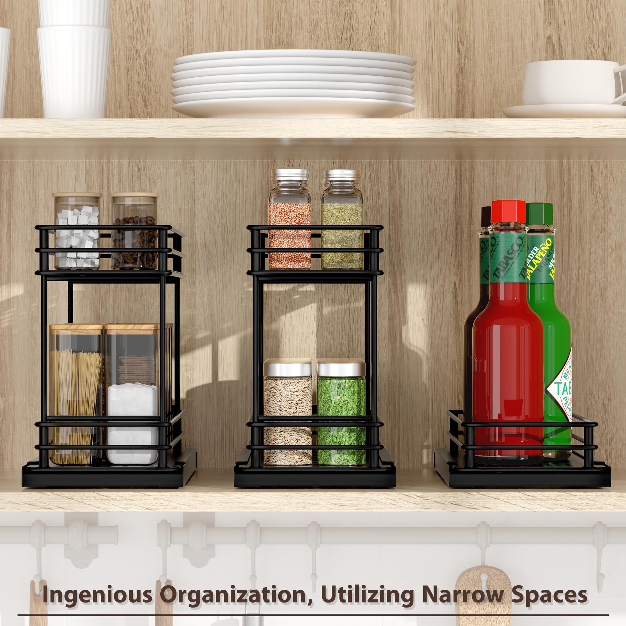 Tikea Spice Rack Organizer 2-Pack, 2-Tier Pull Out Seasoning Rack for Kitchen Cabinet, Spice Drawer Organizer Shelf for Small Space, Condiment Storage, 5.3''W x 10.4''D x 8.9''H