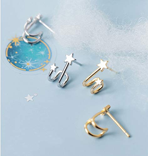 SLUYNZ 925 Sterling Silver Double Star Cuff Earrings Piecings for Women Star Wrap Earrings Studs (A-Silver)